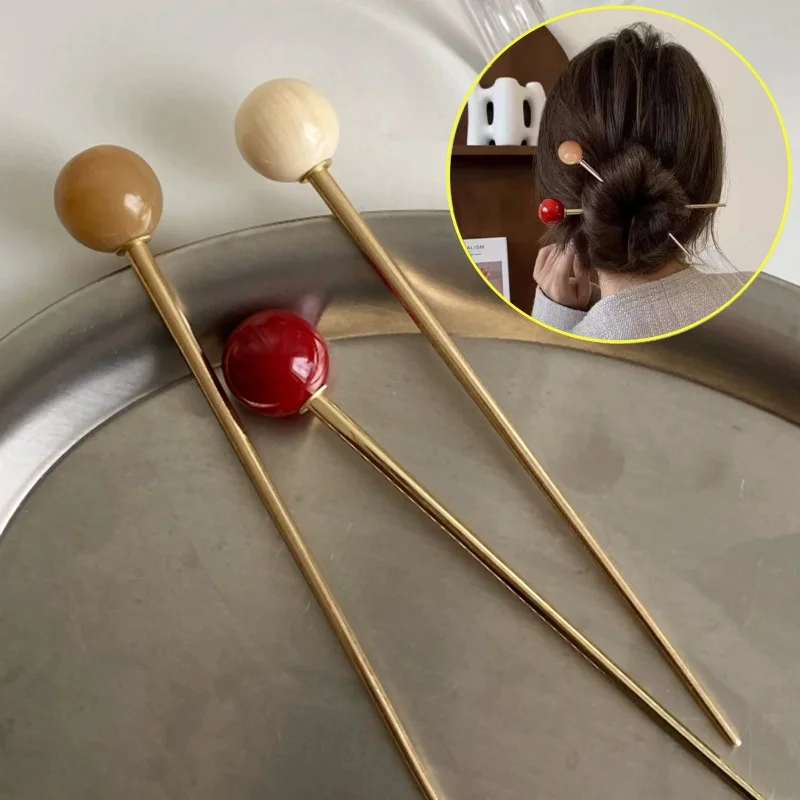 Simple Round Ball Women Fashion Hairpin Straight Ball Metal Hair Stick ...