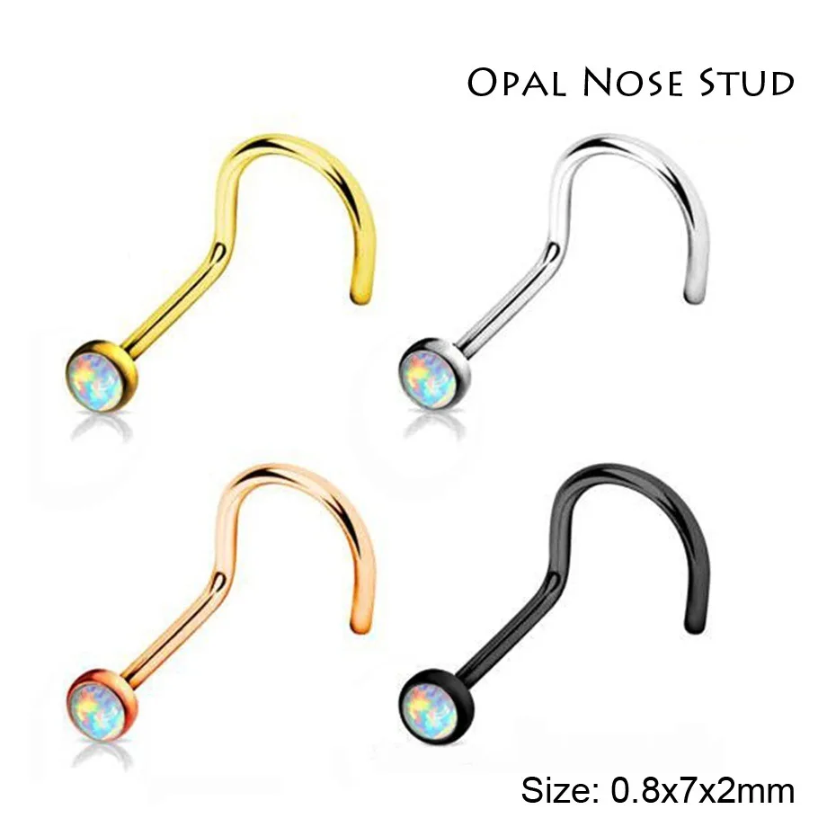 Stainless-steel-Opal-curved-rod-nose-stud-Straight-rod-nose-ring-S ...
