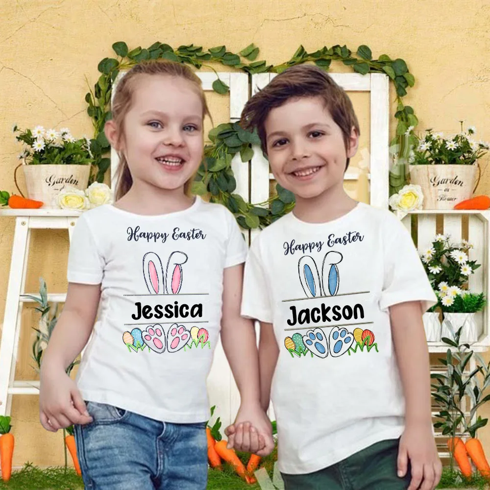 Personalised Bunny Kid Easter T-shirt Custom Name Child Clothes Tops ...