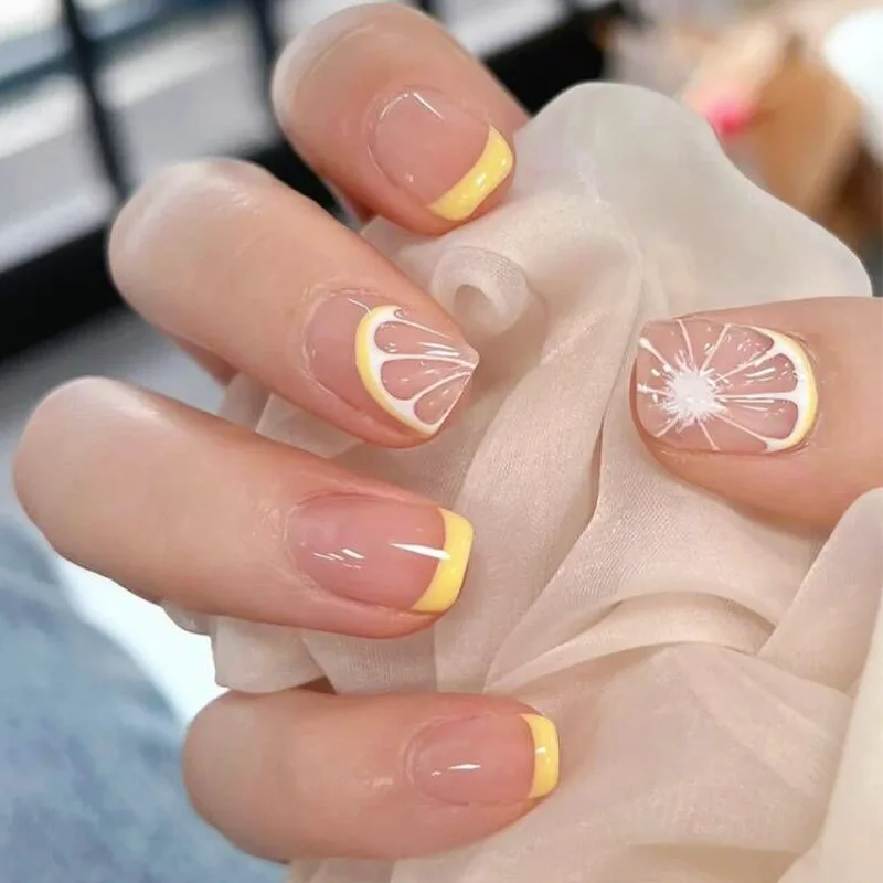 24Pcs-Summer-Lemon-Short-Ballet-Nail-Full-Cover-Artificial-Fake-Nails ...