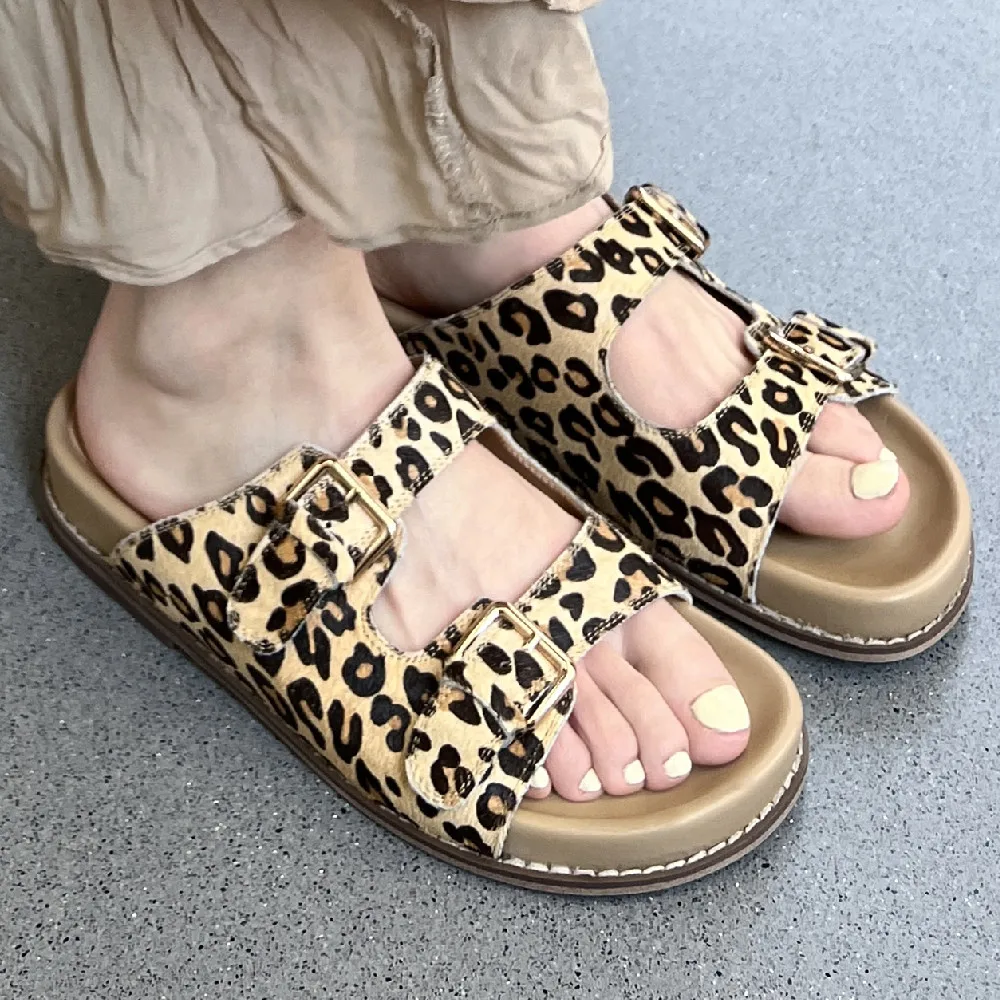 Women-s-genuine-leather-double-metal-belt-open-toe-slip-on-flats ...