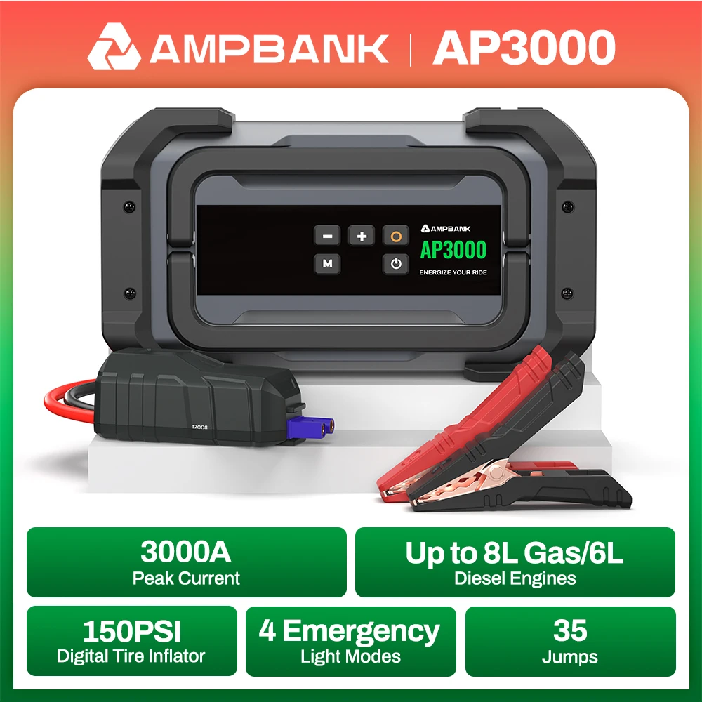 AMPBANK AP3000 3000A Portable Car Jump Starter with 150PSI Digital Tire ...