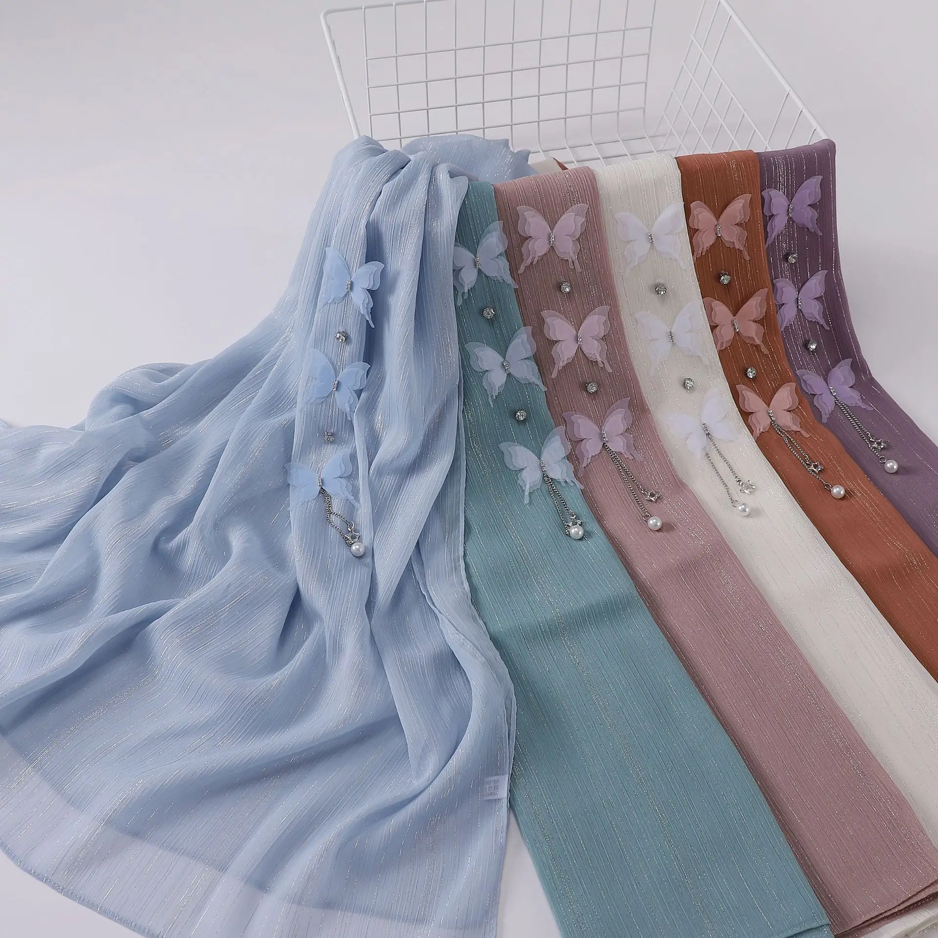 Luxury Shimmer Chiffon Muslim Hijab Butterfly Accessories Pearl Pendant ...