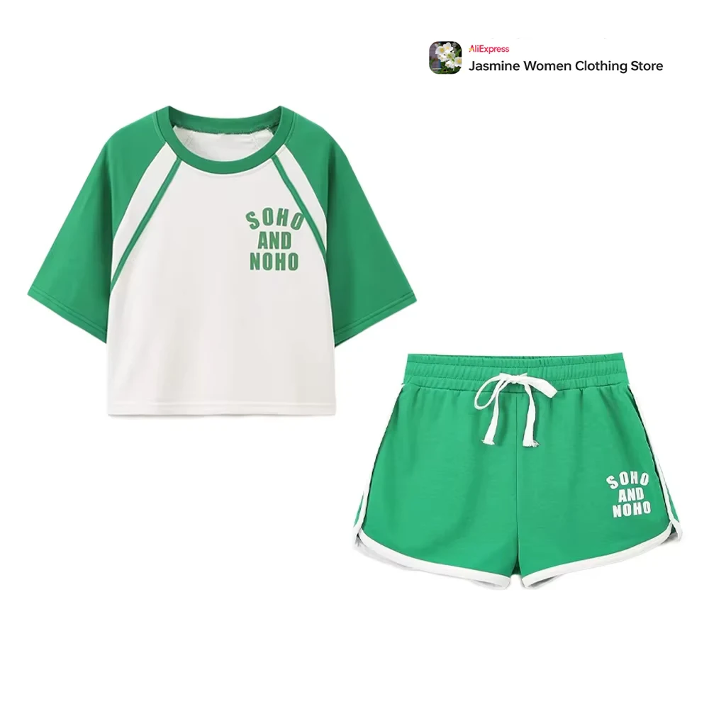 Women's Contrast 2 Pieces Letter Printed Shorts Sets O-neck Short ...