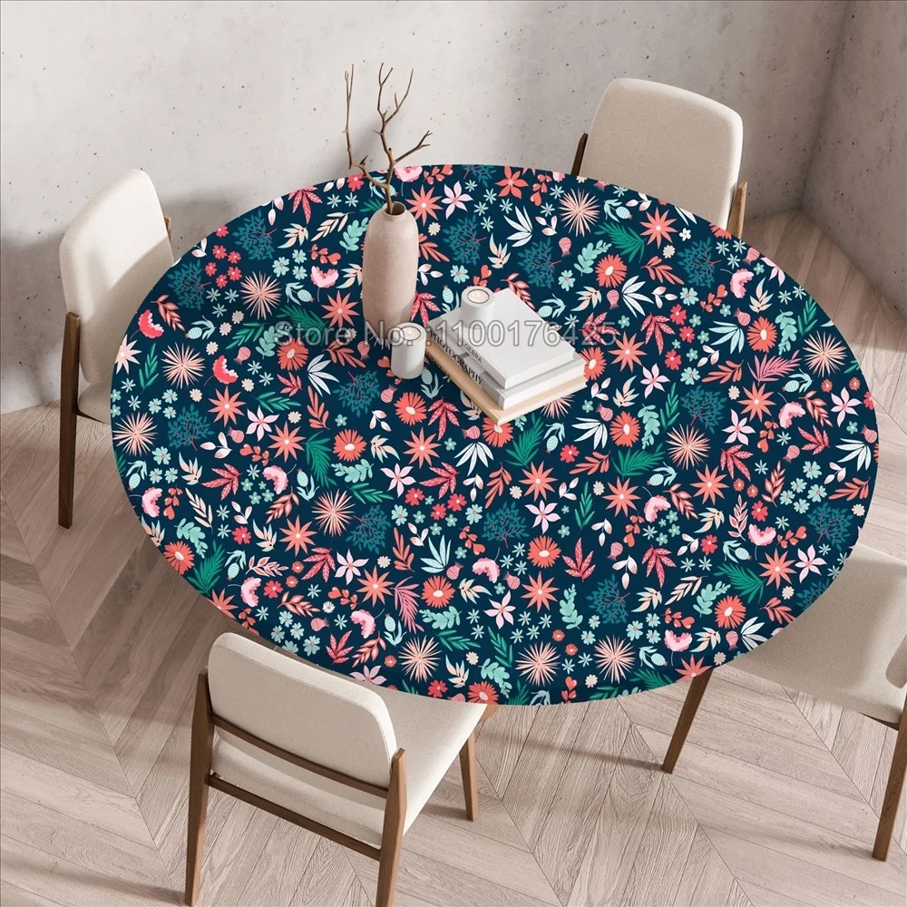 Watercolor Leaves Plants Flowers Tablecloth Elastic Band Dining Table ...