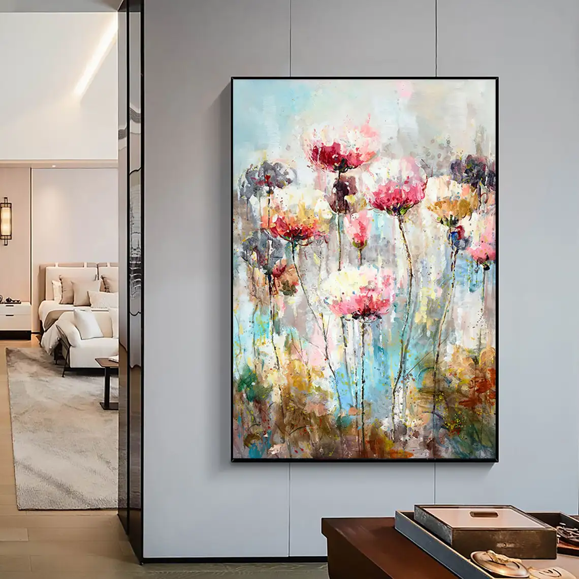 Abstract-Flower-Landscape-Handmade-Oil-painting-on-Canvas-Large-Pink ...