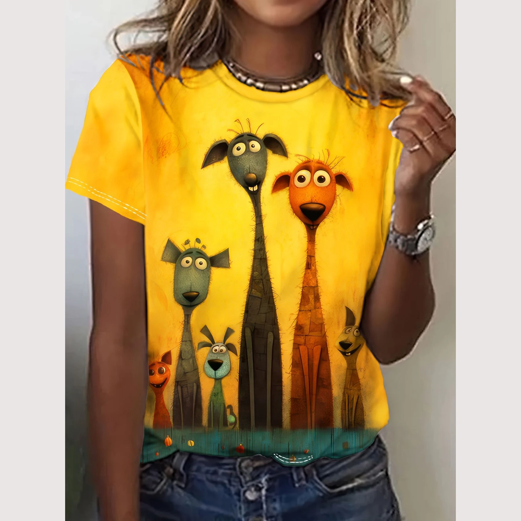 Cartoon T Shirt For Women Animal Pattern Print O-Neck Top Outdoor ...