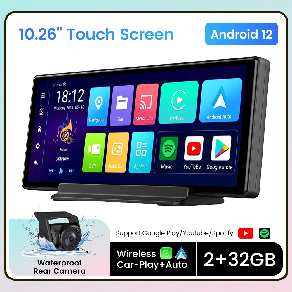 Android-12-HD-10-26inch-Touch-Screen-Car-DVR-Monitor-Dashboard-Wireless ...