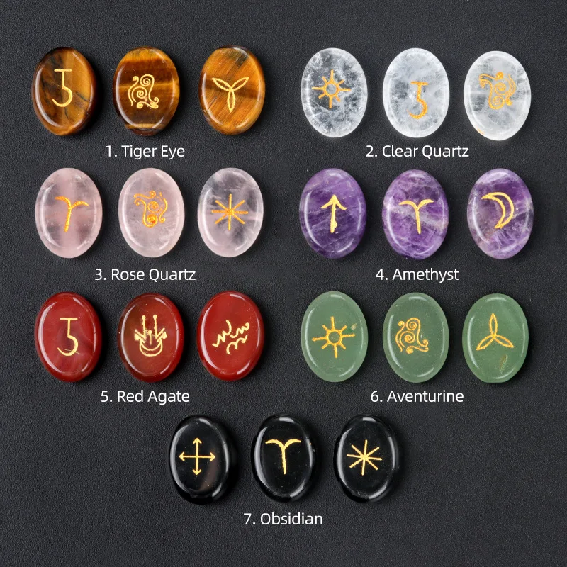 13pc-lot-Oval-Slice-Natural-Stone-Witches-Runes-Carving-Beads-Rose ...