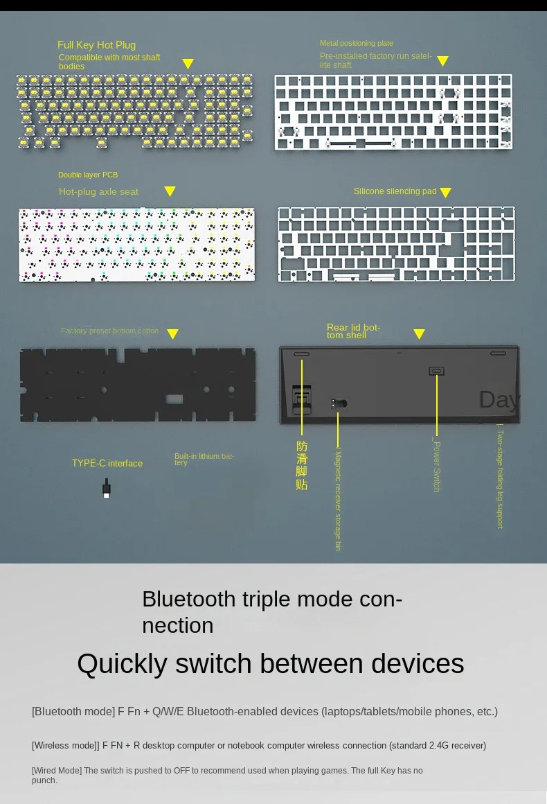 Комплект механической клавиатуры HJS DK100, трехрежимная беспроводная связь Bluetooth 2,4G RGB с ...