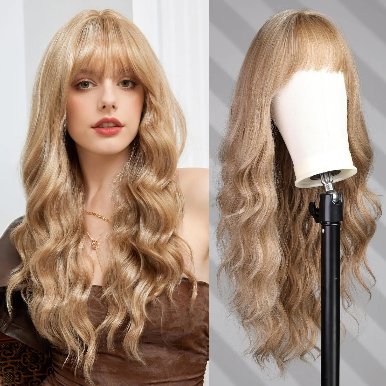 Blonde Long Curly Synthetic Wig with Straight Bangs Golden Wavy Hair ...