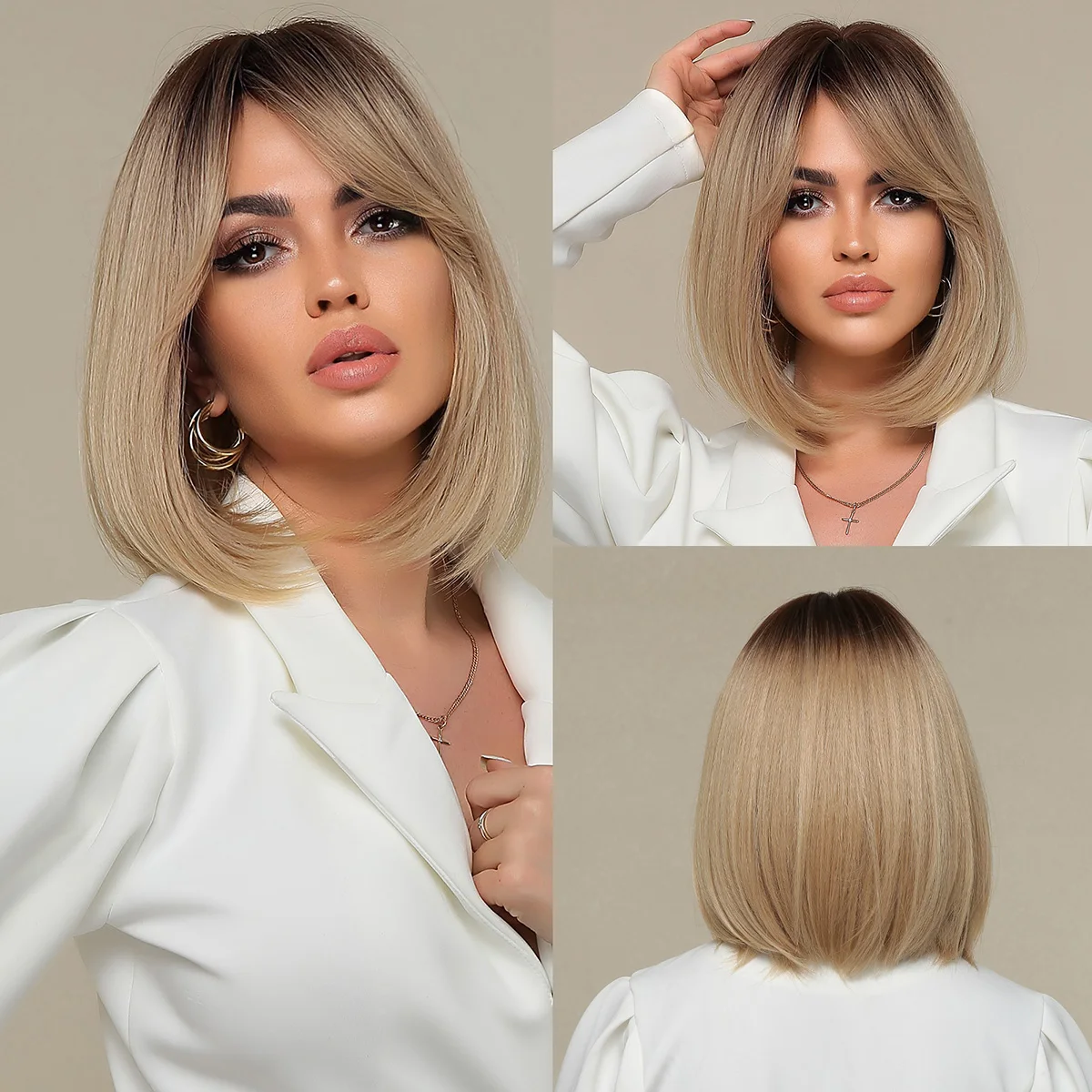 HENRY MARGU Omber Blonde Synthetic Wigs With Bangs Middle Part Short ...