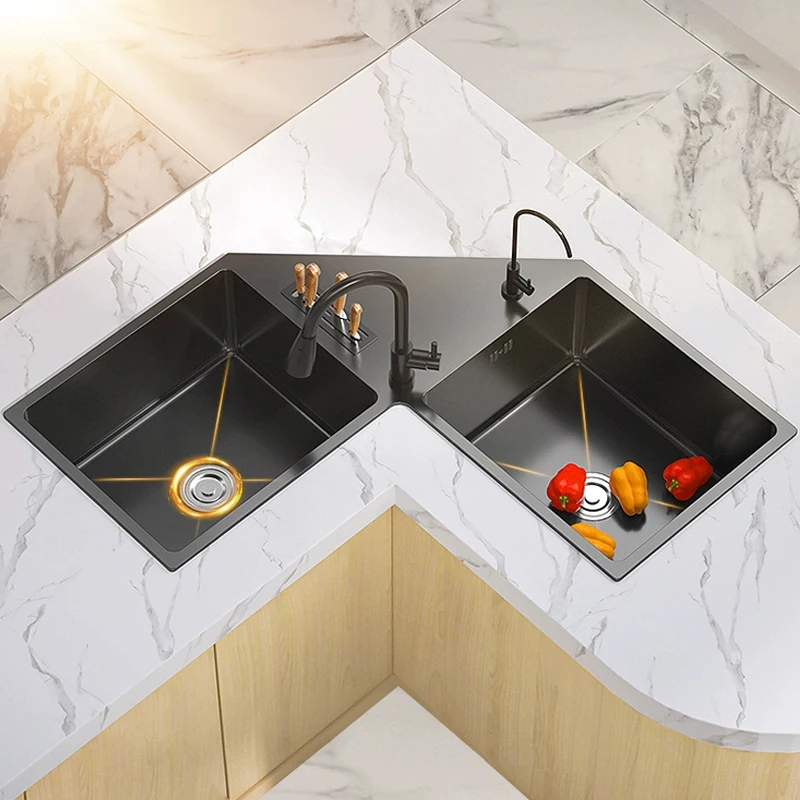 Shape Stainless Steel Kitchen Sink Household Corner Black L-shaped ...