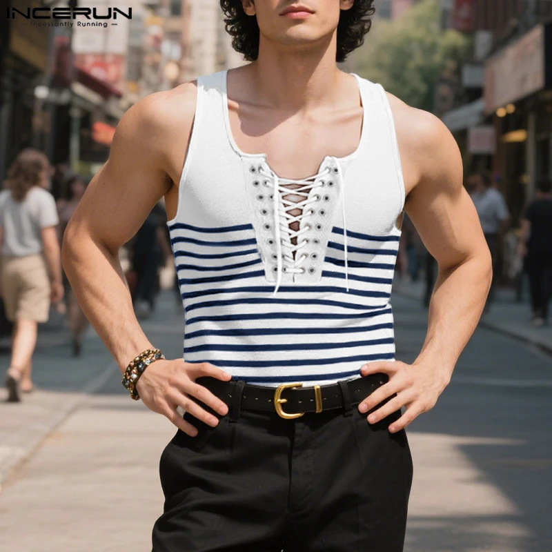 INCERUN Men Tank Tops Striped Lace Up O-neck Sleeveless Summer Male ...
