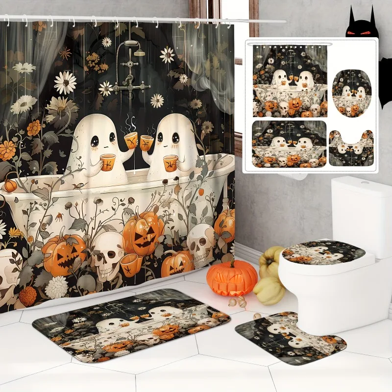Halloween-Ghost-Pumpkin-Skull-Shower-Curtain-Set-with-Non-Slip-Rugs ...