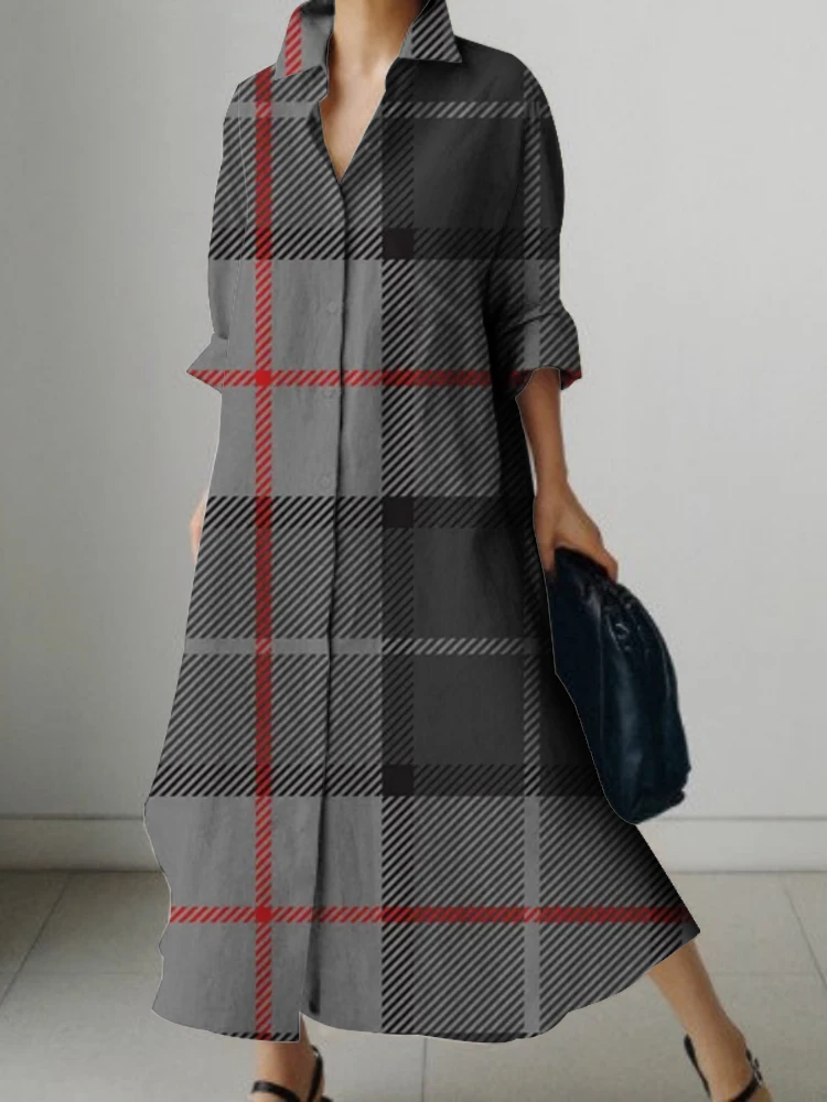 New-Long-Sleeve-Shirt-Dress-Ladies-Plaid-Print-Design-Dress-Elegant ...