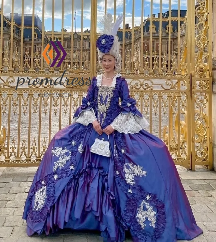 18th Century Rococo Purple Evening Dress With Lace Square Baroque Long ...