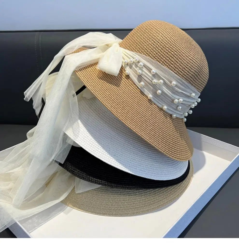 Sombrero-de-sol-elegante-para-verano-sombrero-de-paja-con-red-de-perlas ...