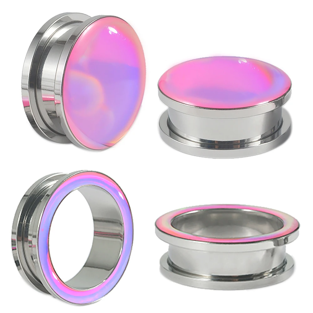 2Pairs-Stainless-Steel-Pink-Flash-Film-Earlets-Ear-Plugs-Screw-Ear-Tunnels-Gauges-Earring ...