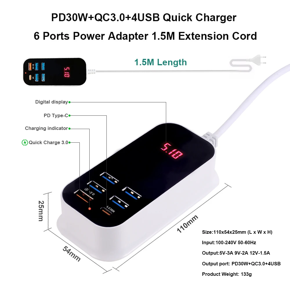 Mobile-Phone-USB-Charger-Multiple-Ports-PD30W-Quick-Charge-3-0-Wall ...