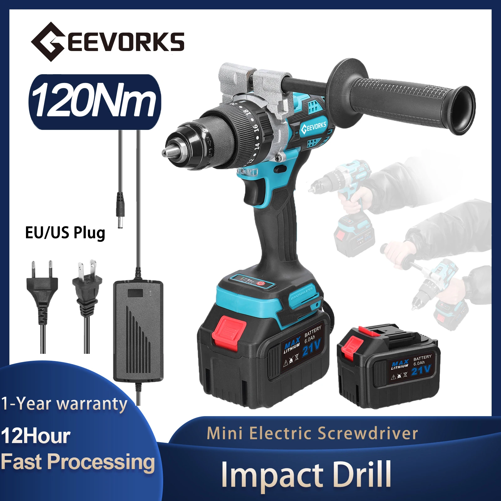 120Nm 임팩트 드릴 해머 드릴, 21V, 3 인 1, 다기능 13mm 미니 전기 스크루 드라이버, 얼음 나사 회전 방법 조정 ...