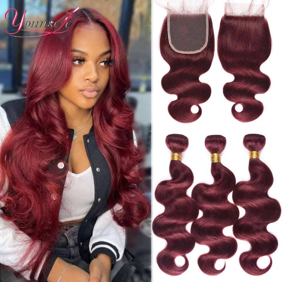 Burgundy-Human-Hair-Bundles-With-Closure-99j-Body-Wave-Bundles-With ...