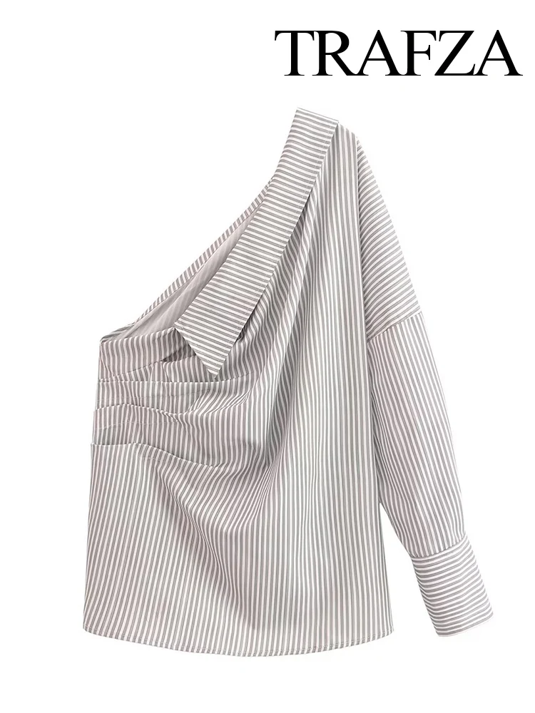 TRAFZA-Women-Fashion-Versatile-Striped-Asymmetrical-Slant-Collar-Shirt ...