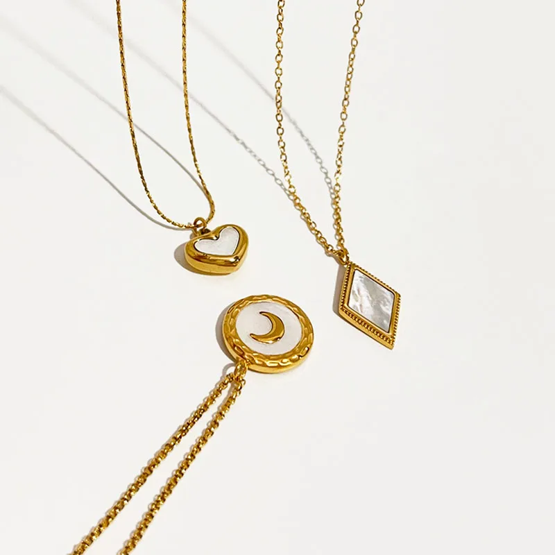 GD Natural White Shell Coin Moon Choker Chain Necklace Stainless Steel ...