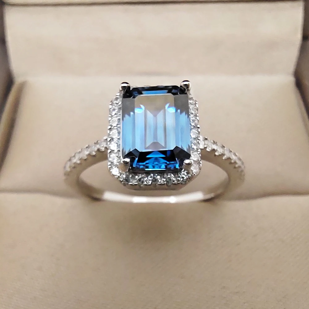 Luomansi Deluxe 2CT 6x8MM Blue Moissanite Stone Ring Women with ...