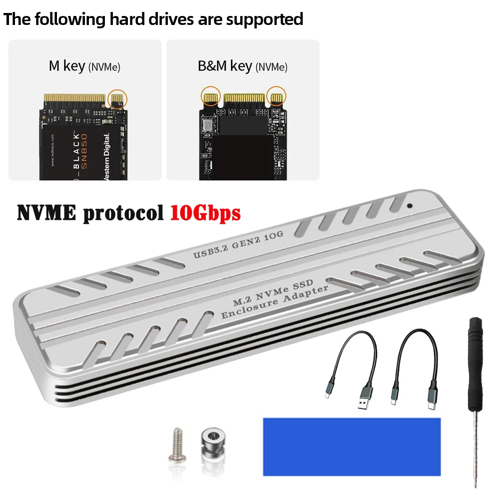M2 NVME SSD 인클로저 NVMe USB 어댑터 10Gbps USB3.1 외장 박스 하드 드라이브 인클로저, SSD 2230/2242/2260/2280 용 ...