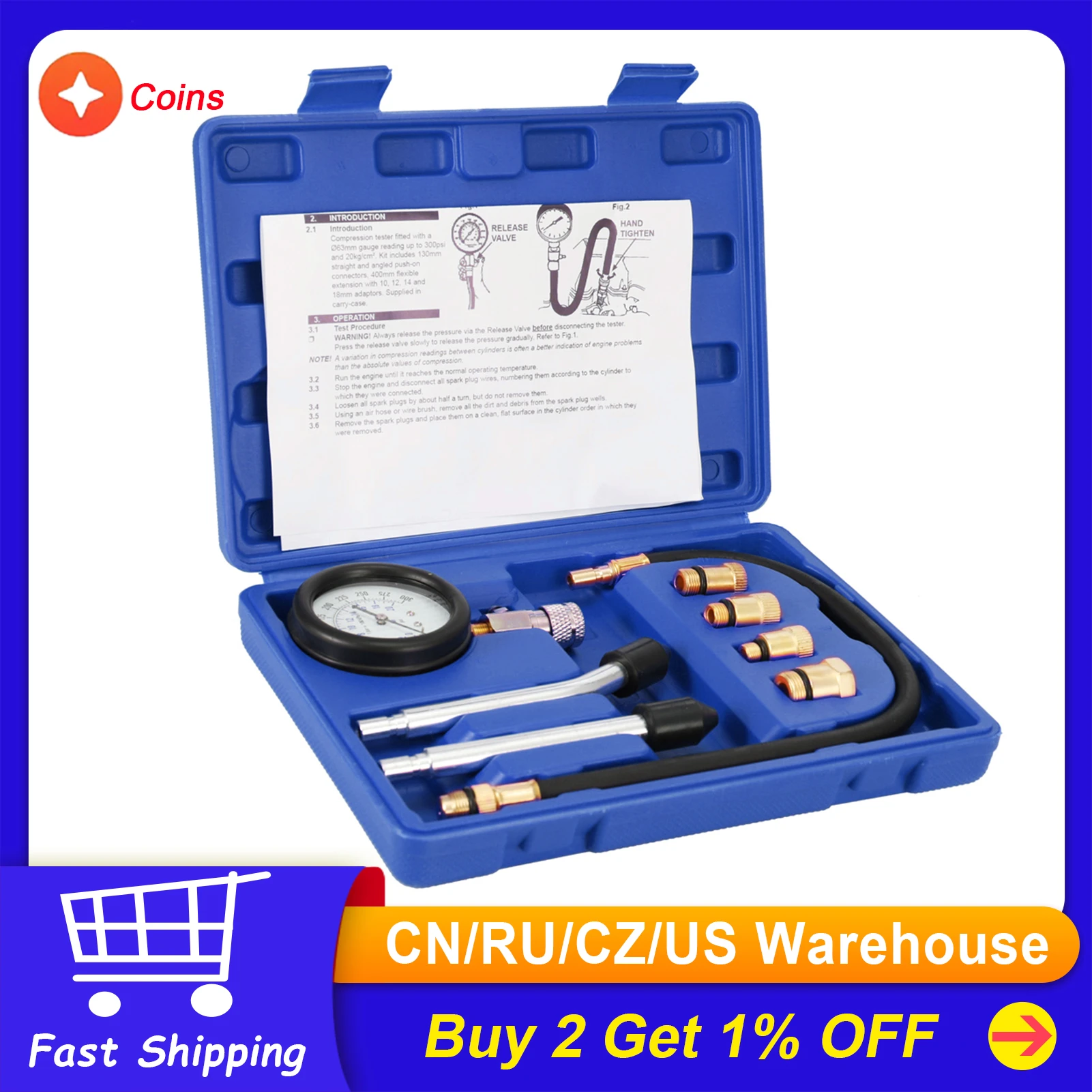 0–21 kg/cm³ 0–300 PSI Engine Cylinder Tester Kit Automotive Tool Gas ...