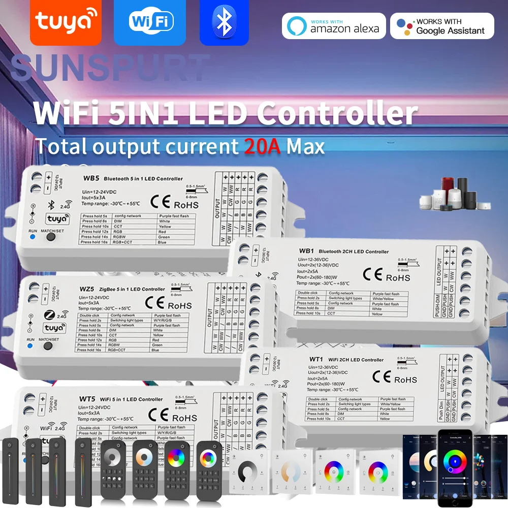 WT5 WZ5 WB5 Zigbee BT WiFi RGB+CCT Light LED Controller 12V 24V RF 4 ...