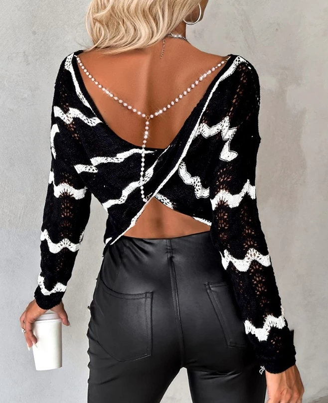 Autumn-Striped-Pearls-Chain-Twisted-Backless-Knit-Sweater-Temperament ...