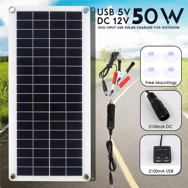 50w Solar Panel 12v Monocrystalline Usb Power Portable Outdoor Solar ...