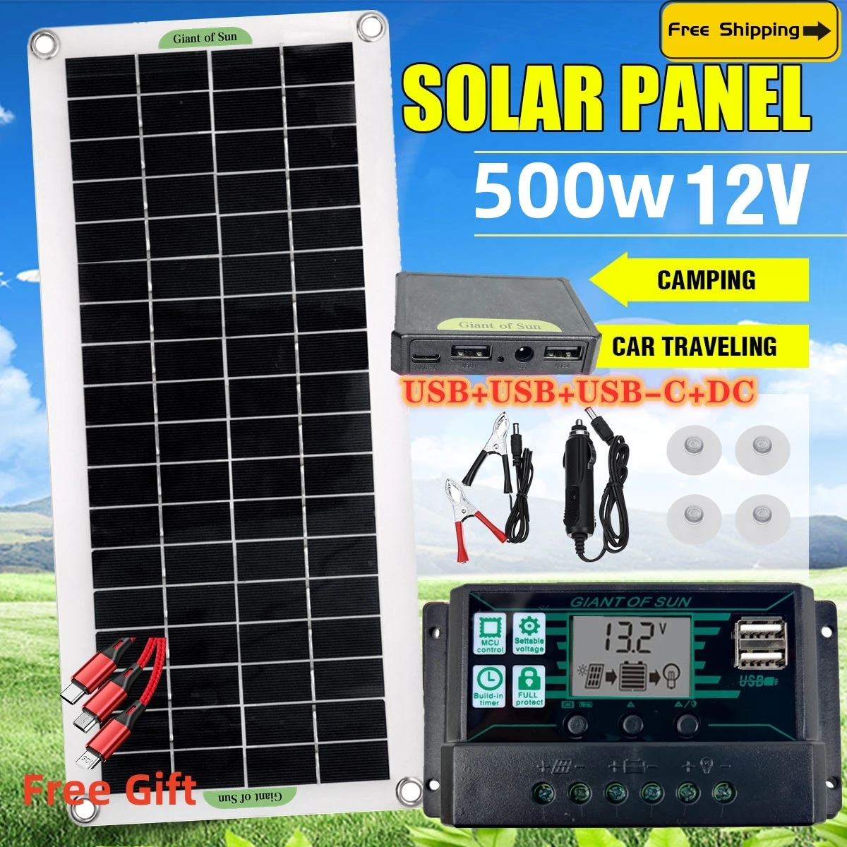 RZ-500W-Flexible-Solar-Panel-12V-Battery-Charger-Dual-USB-With-10A ...
