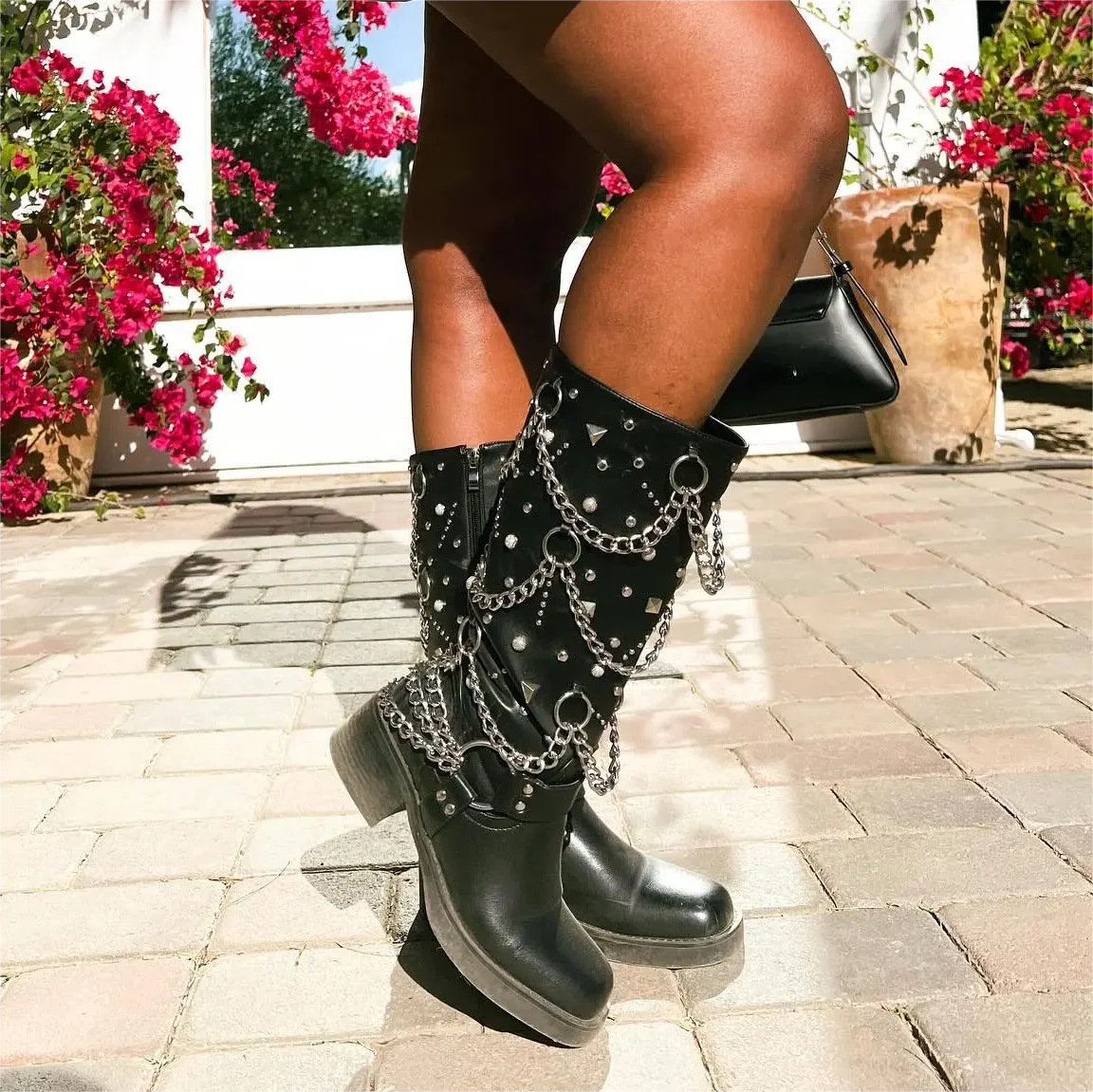 Black-Round-Toe-Metal-Chain-Studded-Knee-High-Boots-Leather-Chunky ...