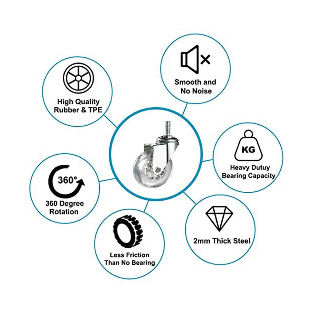 Generic 2/3Inch PU Transparent Universal Wheels with M8 x 15mm Thread ...