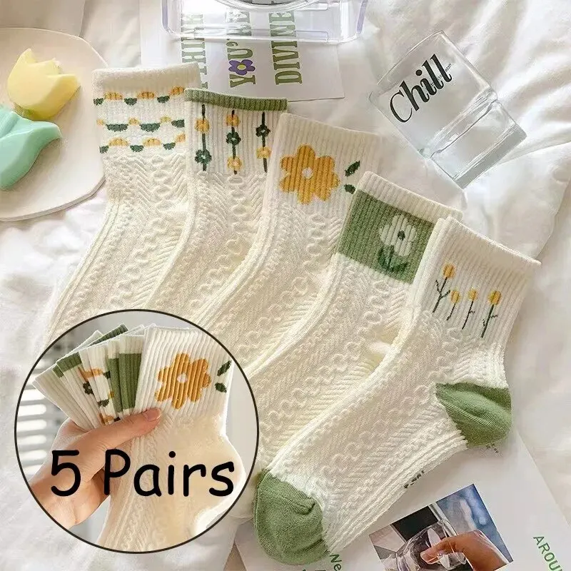 Girls-Short-Socks-5-Pairs-Cute-Medium-Flowers-Print-Sweet-Style-Skin ...