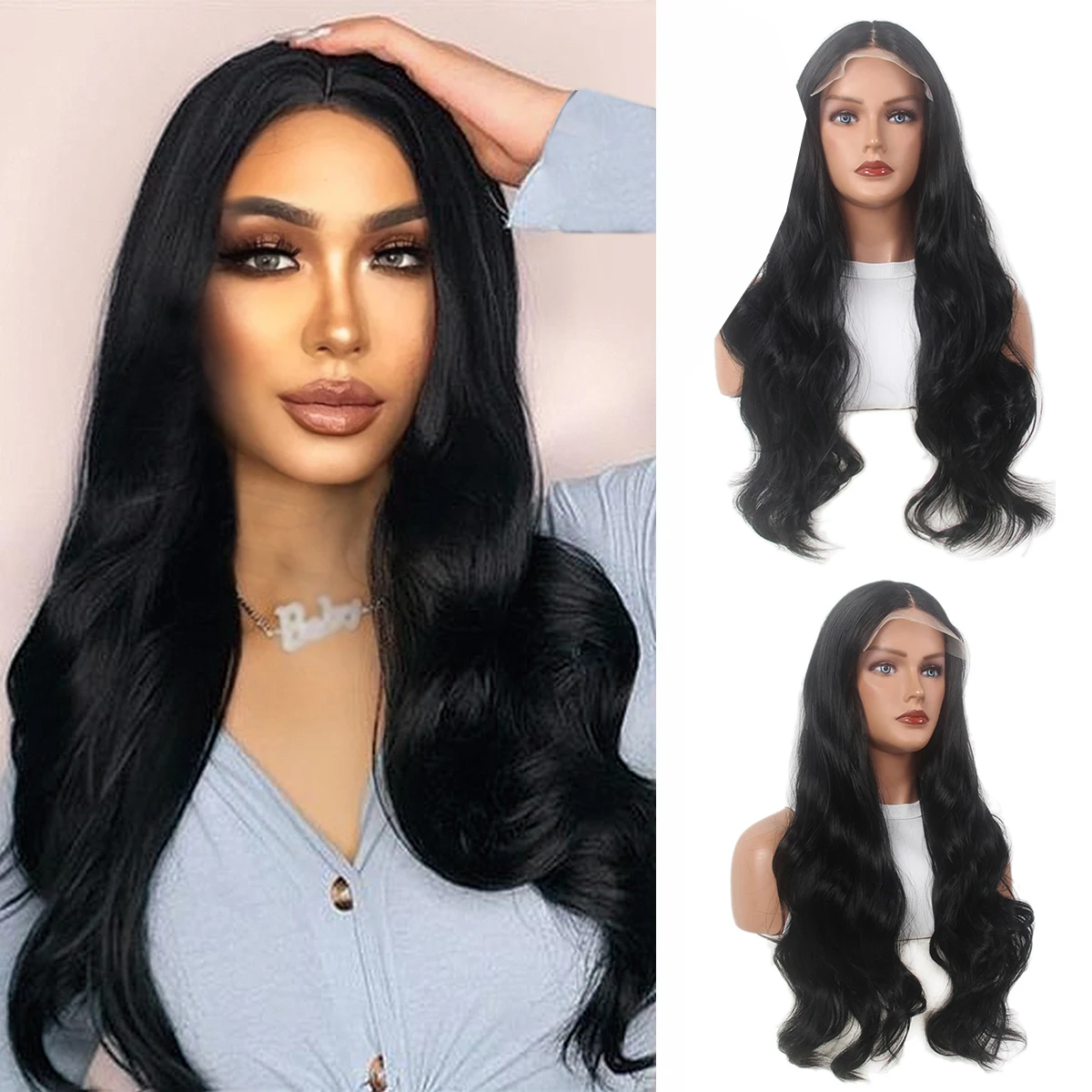 BLack-Women-Lace-Front-Natural-Wave-Synthetic-Wigs-Long-6X4X0-5-T-Part ...