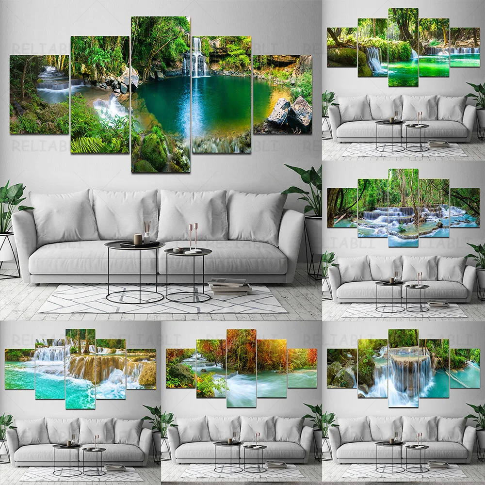 5 Panels Landscape Natural Waterfall Canvas Painting Green Tree Lake ...
