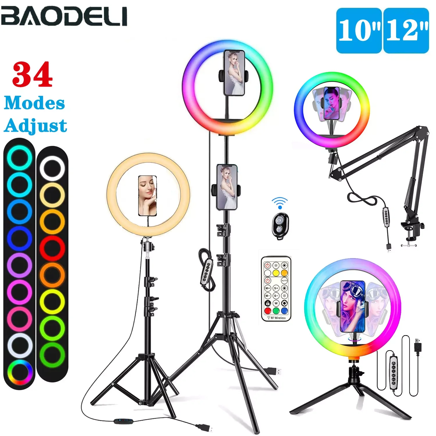 12 인치 30cm 셀카 링 라이트 Rgb 삼각대 전화 스탠드 홀더 사진 링 라이트 서클 필 라이트 Led 컬러 램프