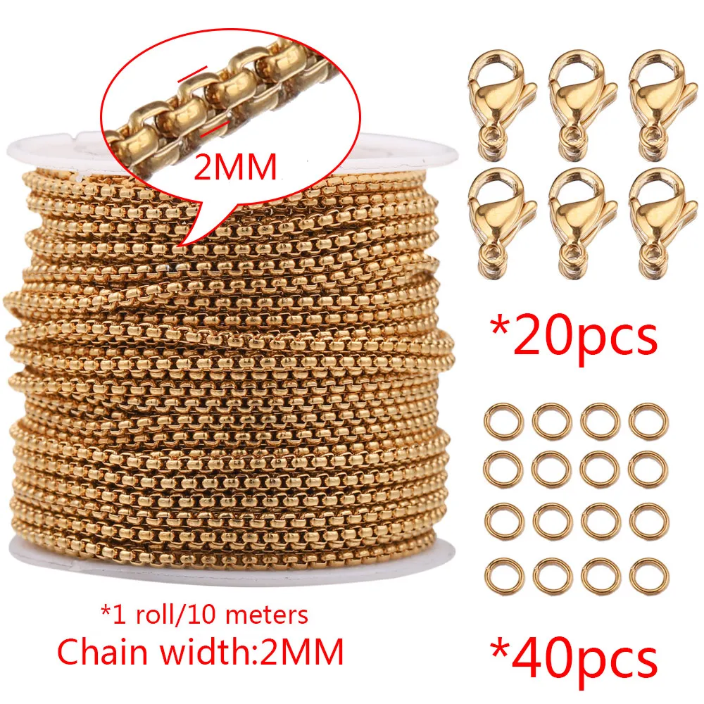 Gold Stainless Steel Jewelry Making Kit 2mm Box Chain Lobster Clasp ...