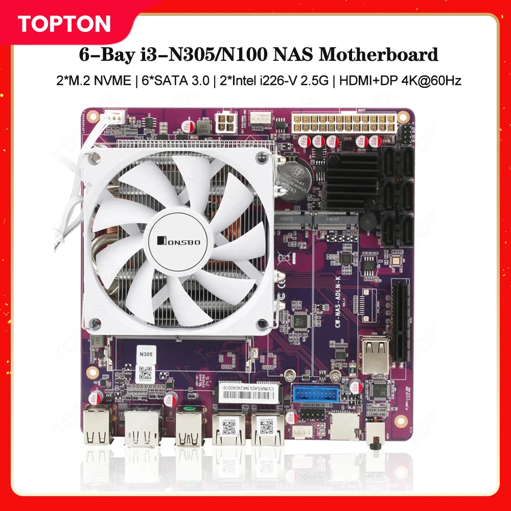 Topton New Mini ITX NAS Motherboard 6-Bay i3-N305 N100 1*PCIEx4 2*Intel i226-V 2.5G 2*M.2 NVMe 6 ...
