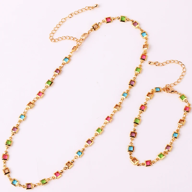 Gold Plated Colorful Zircon Square Stone Chain Choker Neckalce Bracelet ...