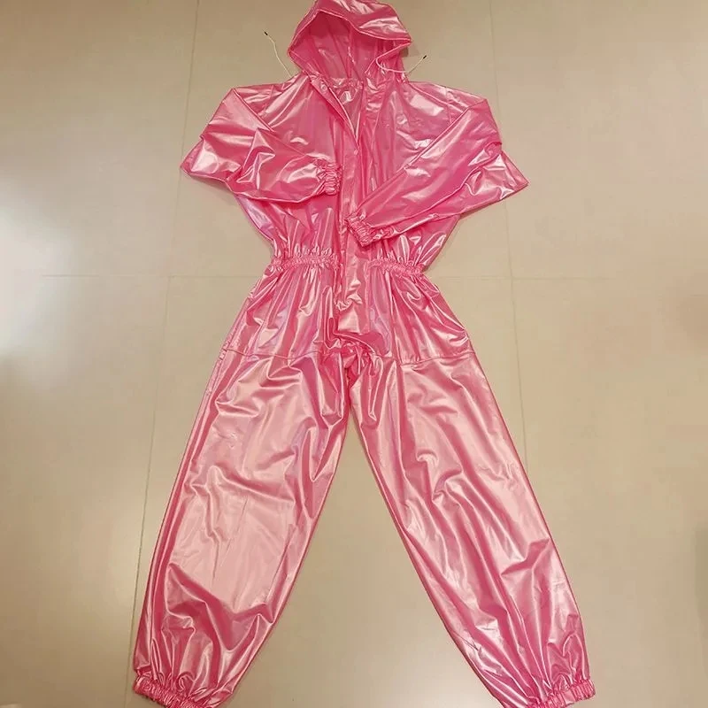 Man's Pink Jumpsuit Clear PVC Waterproof Long Sleeve Hooded Rainproof ...