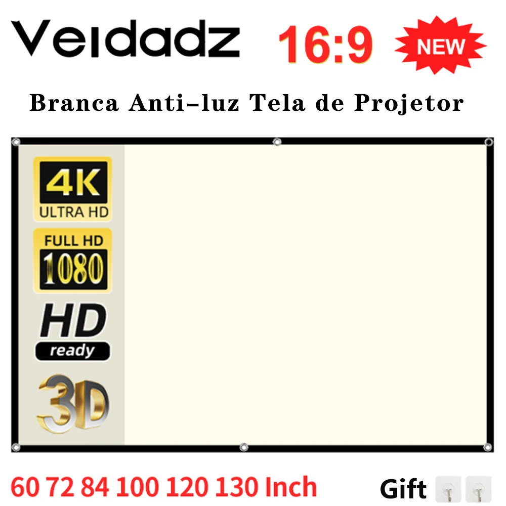 Veidadz Tela de projeção de 100 120 130 polegadas tela de projetor 16:9 ...
