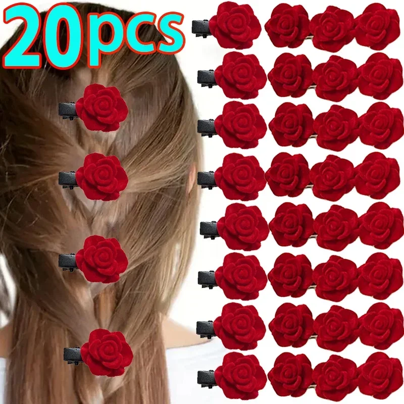 2-20pcs-Small-Red-Velvet-Rose-Hair-Clips-For-Women-Korean-Flower ...