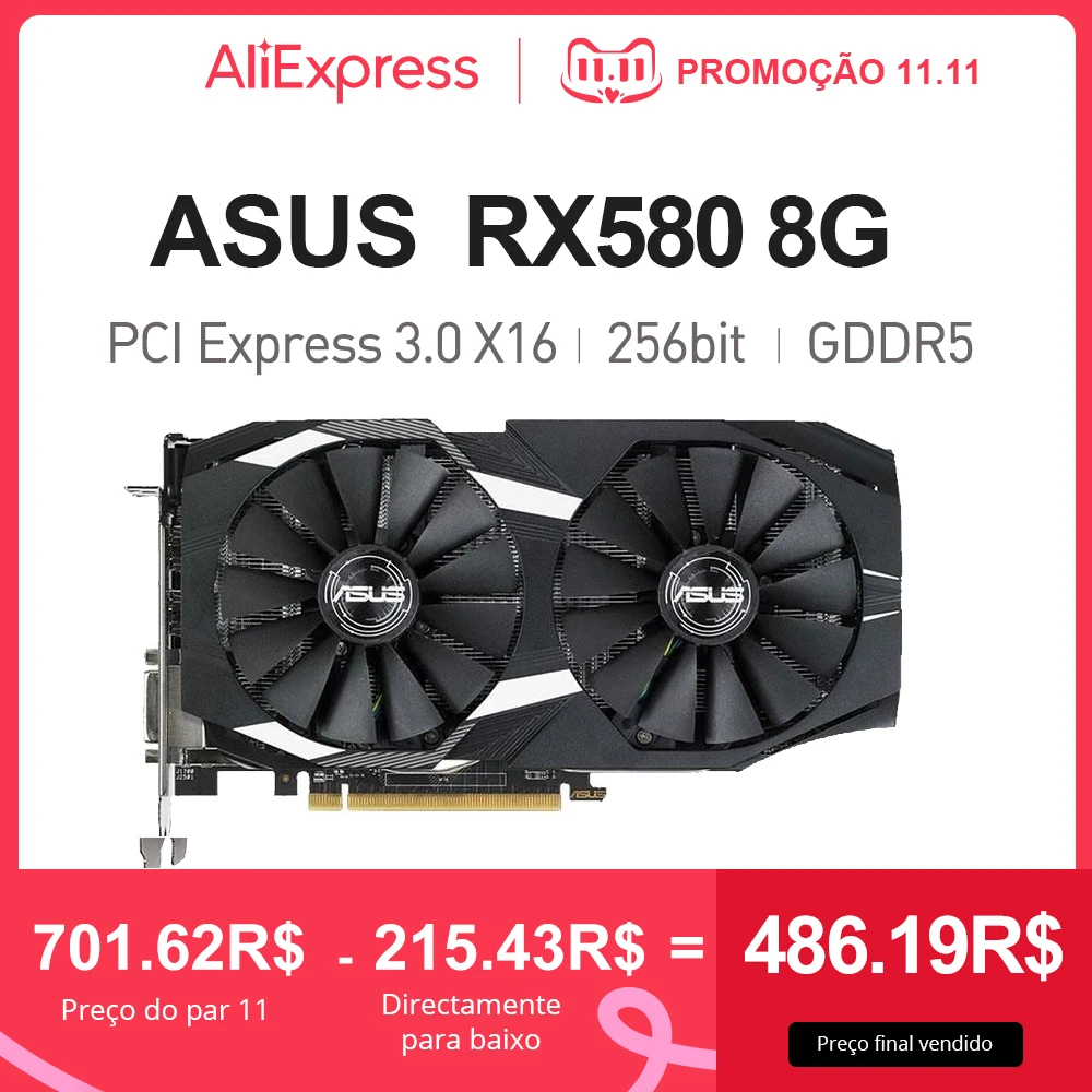 Asus rx 580 8gb gddr5 256 bit gpu computador gaming desktop placa ...