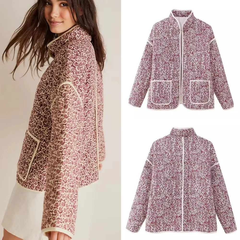 Women-s-Autumn-Flower-Print-Coat-Quilted-Reversible-Long-Sleeve-Open ...