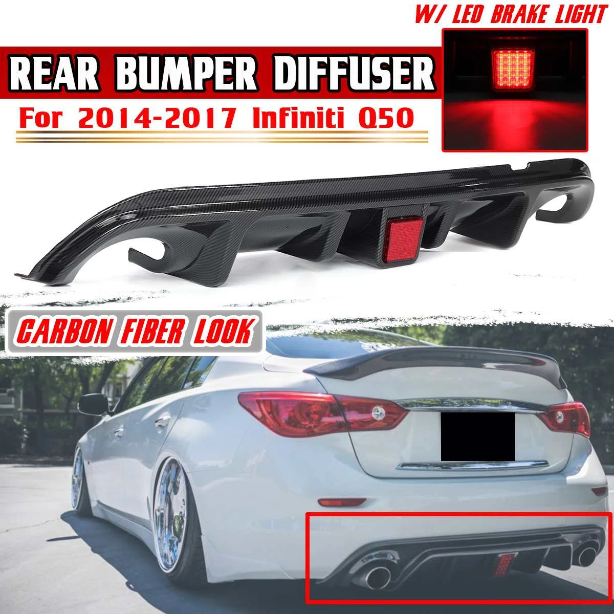 Q50 Car Rear Bumper Diffuser Lip Spoiler Apron W/ Led Brake Light For ...